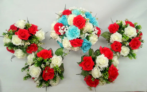 Round Posy Silk Roses Turquoise Bouquet Red and White Rose Bouquet ...