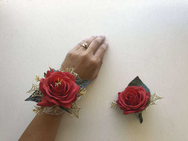 Corsage & Buttonhole - Red Rose with Gold - CB0015 - $53/set Silk ...