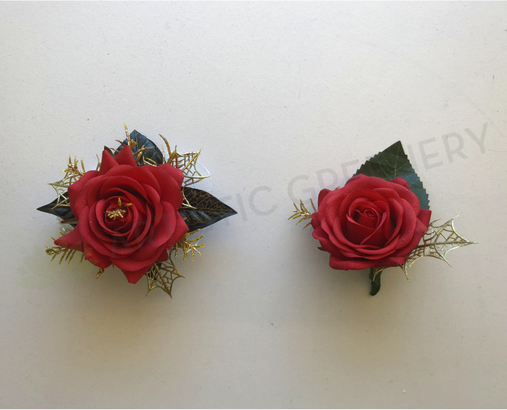 Corsage & Buttonhole - Red Rose with Gold - CB0015 - $53/set Silk ...